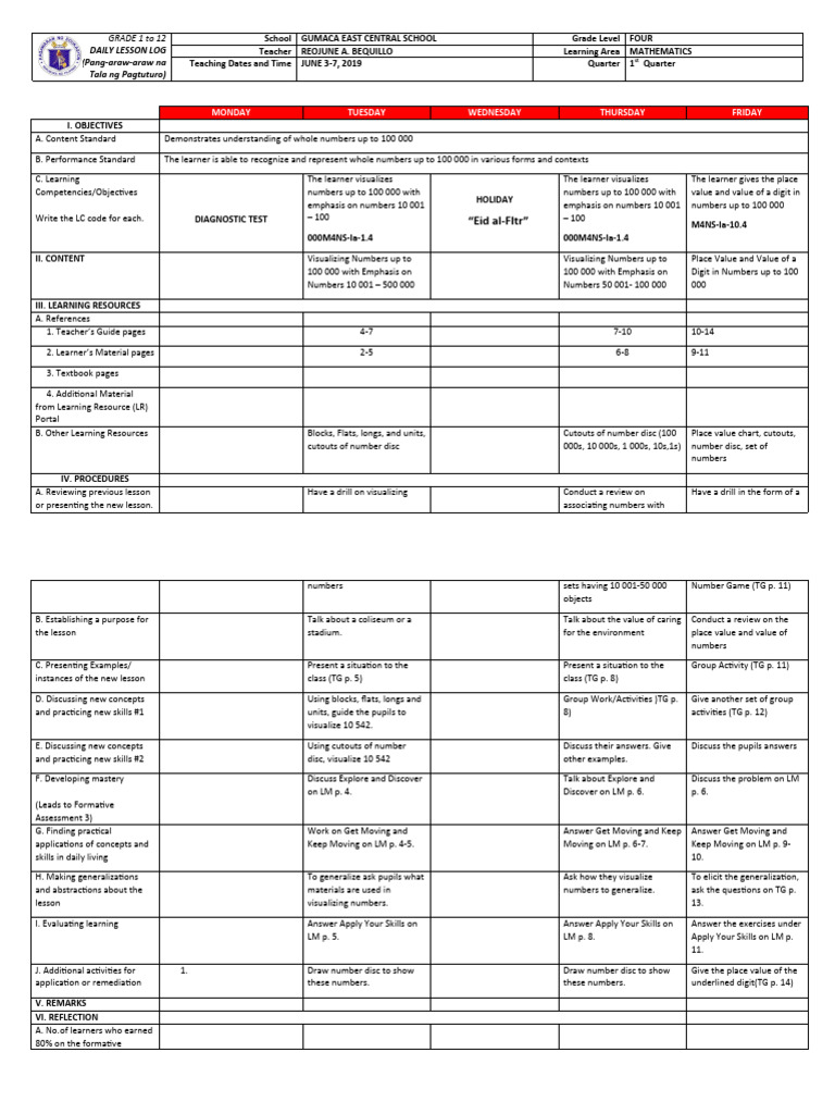 DLL Mathematics Quarter 1 Week 1-10 Edited | PDF