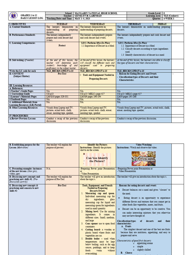 Cookery 9 DLL 4th Quarter | PDF | Custard | Pudding