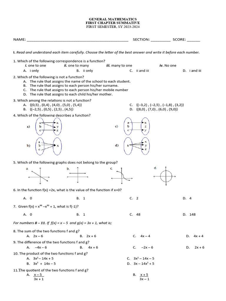 Grade 11 General Math Summative Test | PDF | Function (Mathematics ...