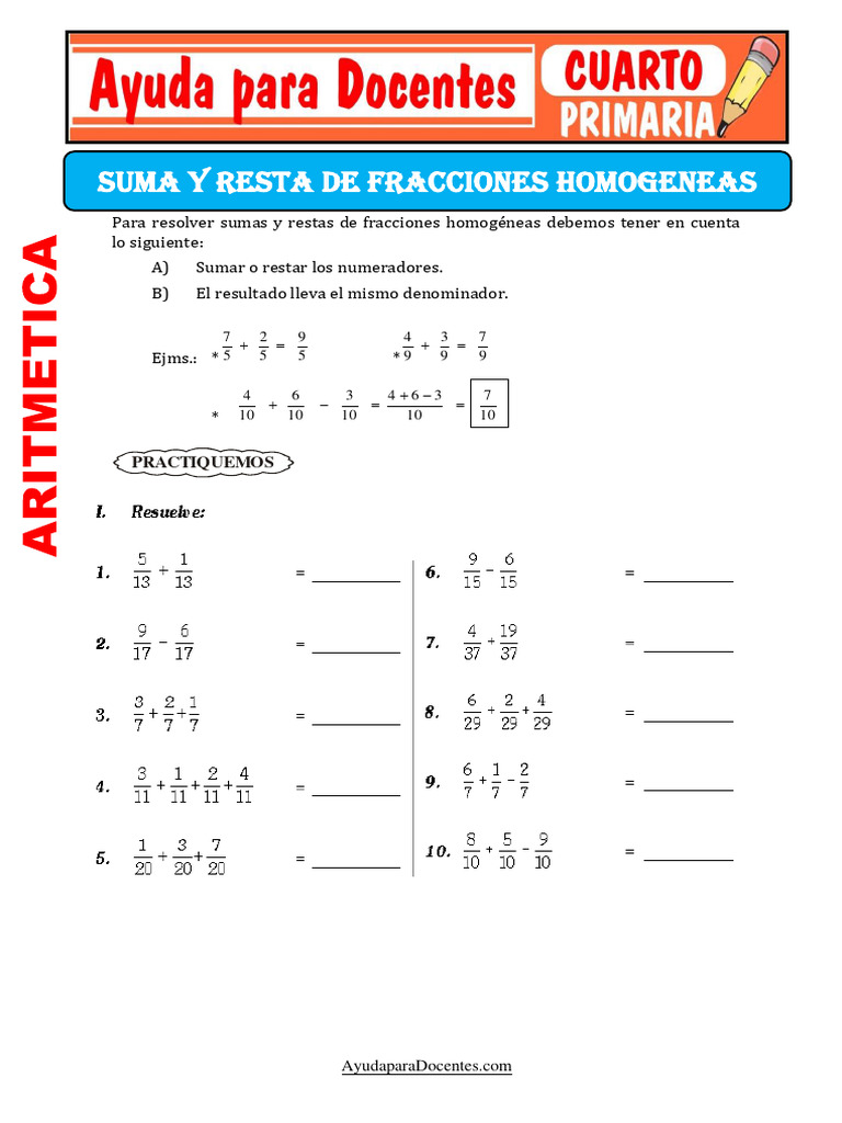 Fracciones Homogeneas de Suma y Resta para Cuarto de Primaria | PDF