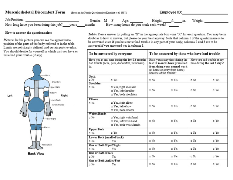 Nordic Musculoskeletal Questionnaire Form PDF | PDF