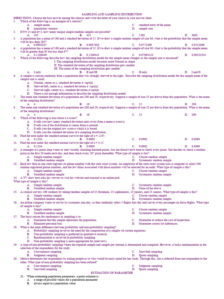 Sampling Distribution Chapter Quiz | PDF