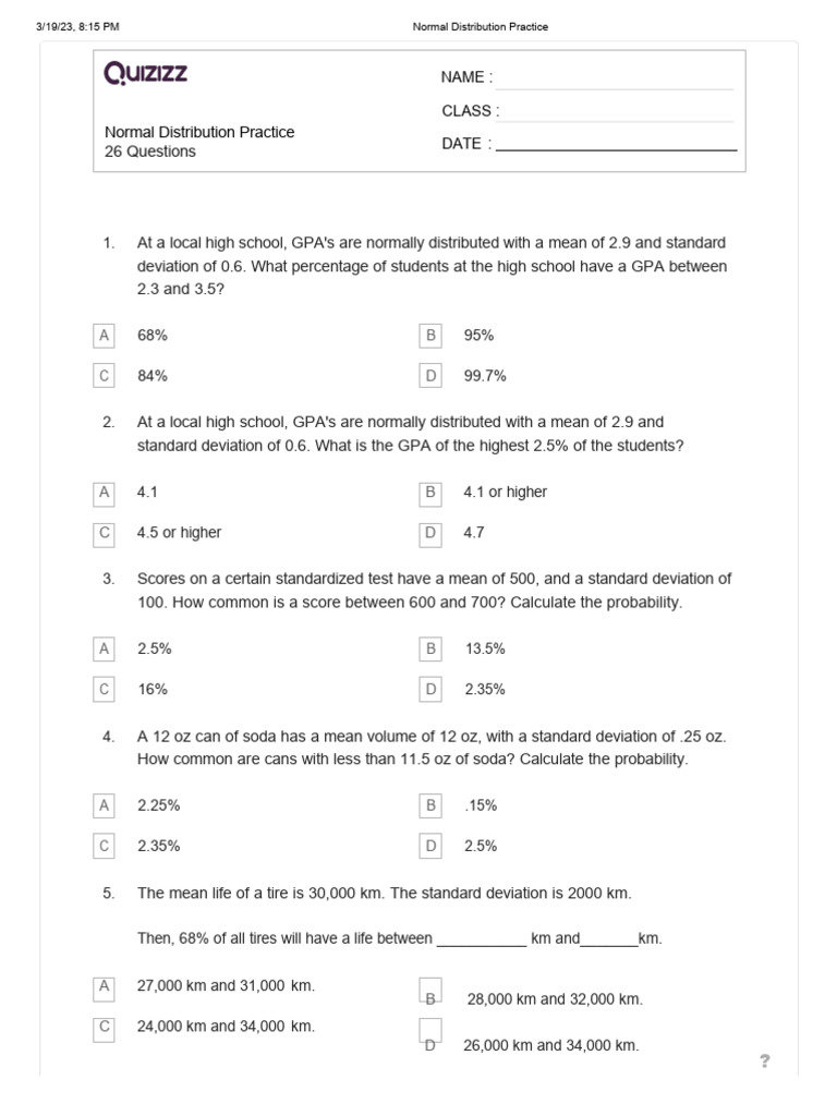 Normal Distribution Practice Pdf