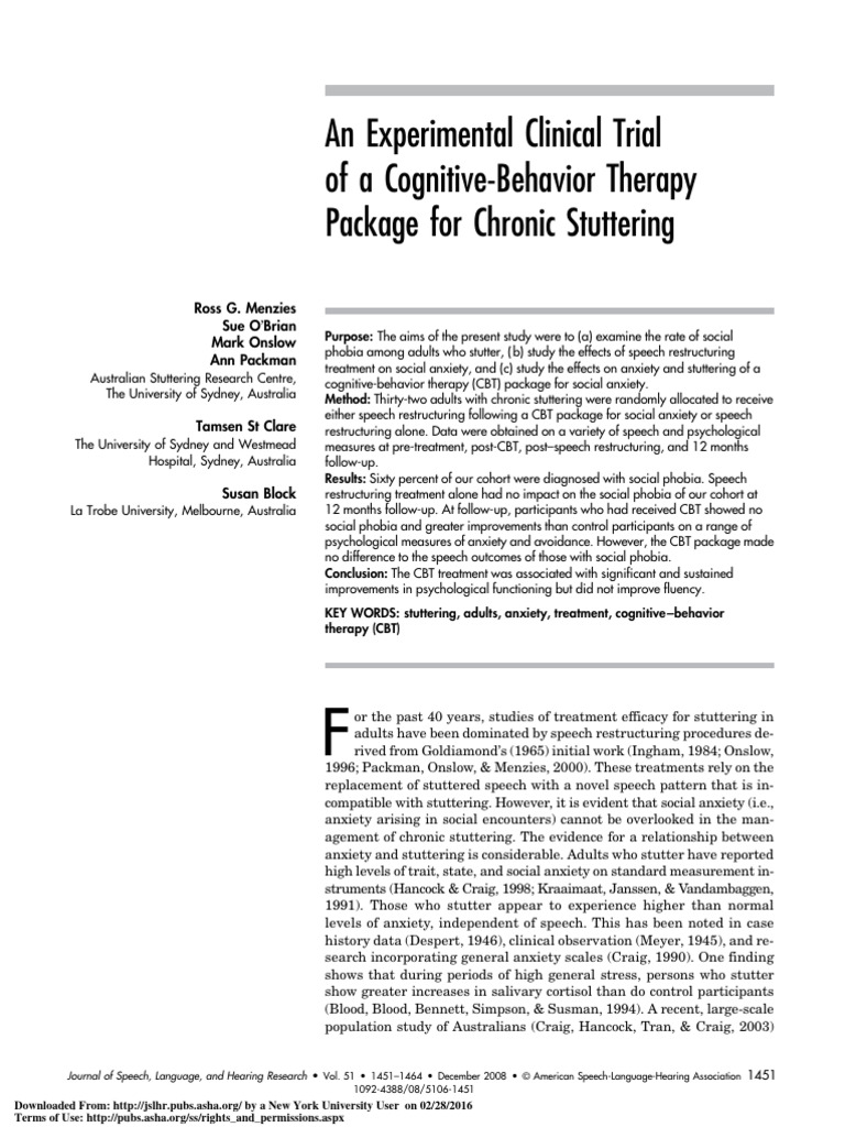 An Experimental Clinical Trial of A Cognitive-Behavior Therapy Package For Chronic Stuttering ...