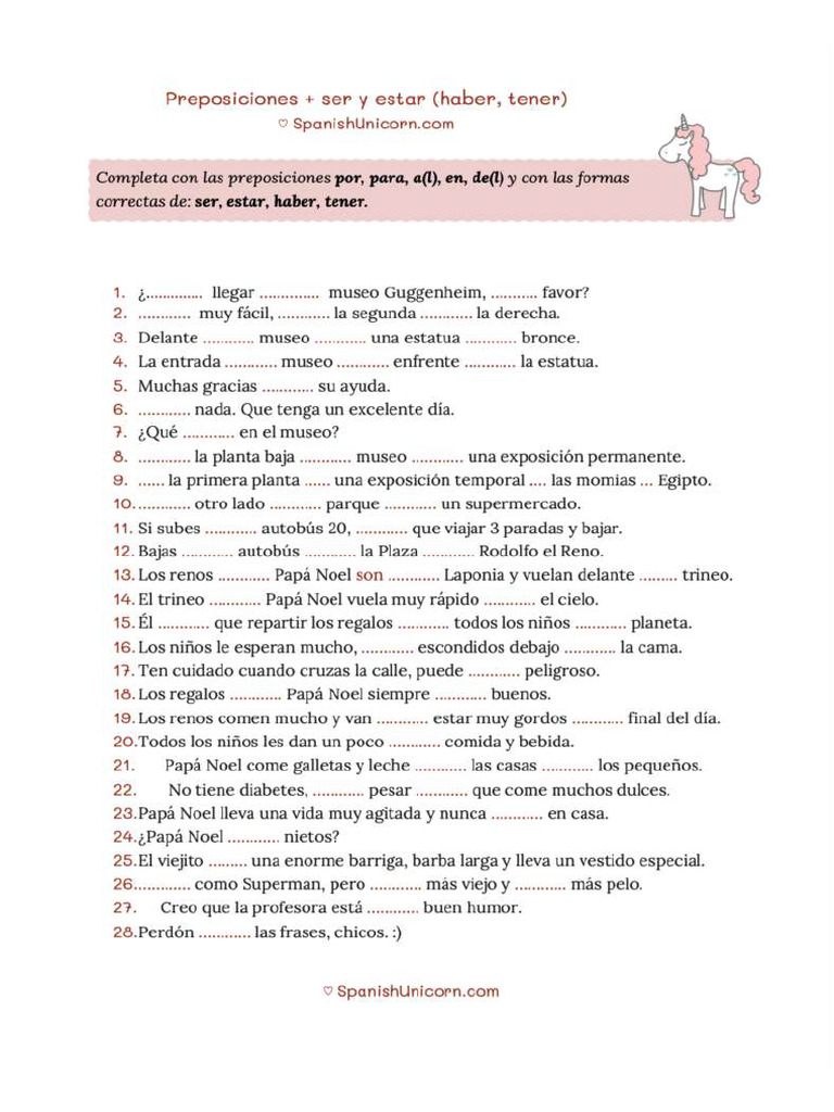 Preposiciones Con Ser Estar Haber Tener Ejercicios 791x1024 | PDF