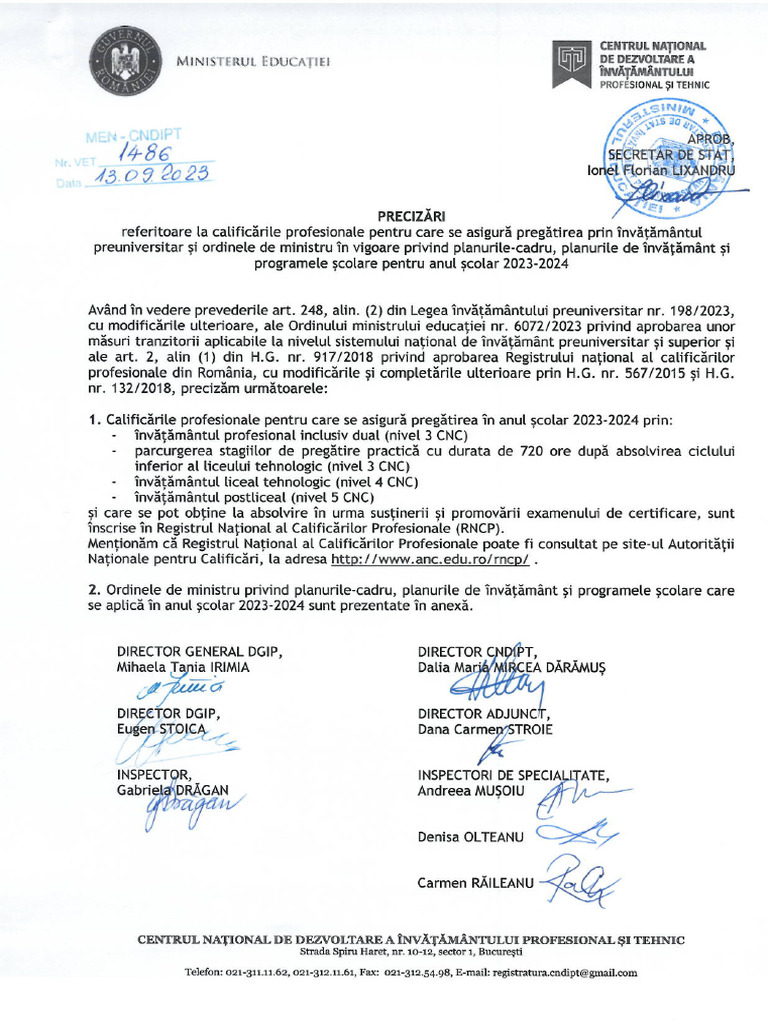 Precizari Plan Cadru 2023 2024 | PDF