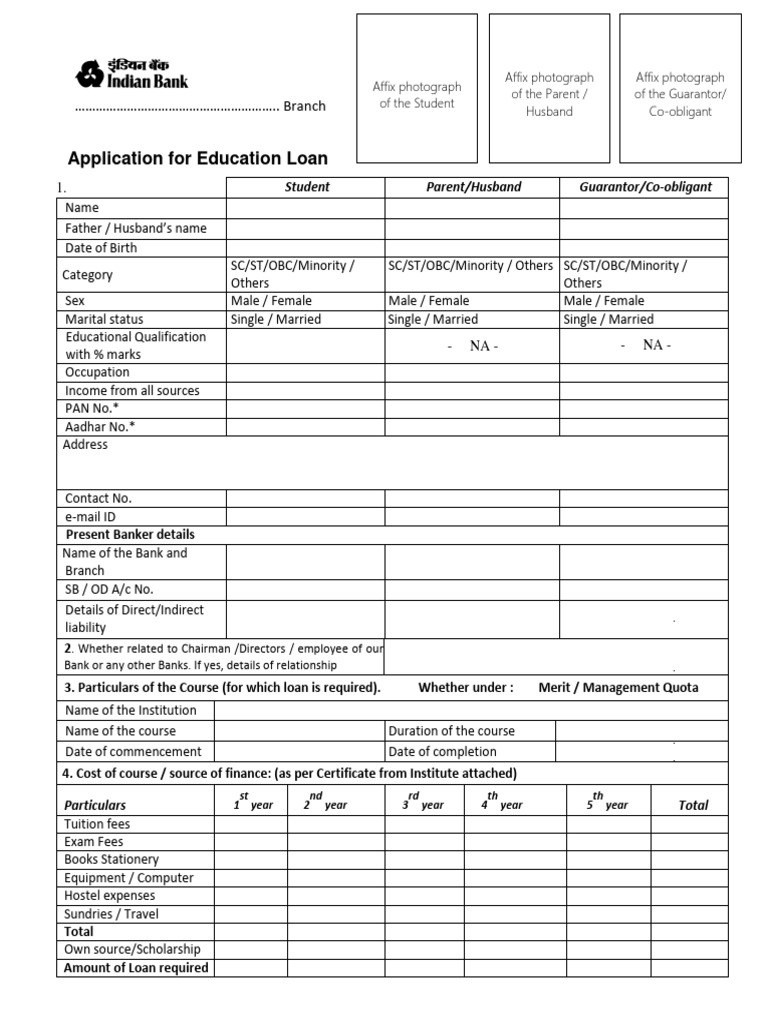 Indian Bank Education Loan Application | PDF