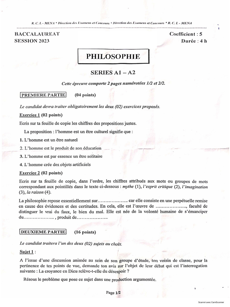 Sujet Bac 2023 Philosophie Serie A1-A2 Cote D'ivoire | PDF
