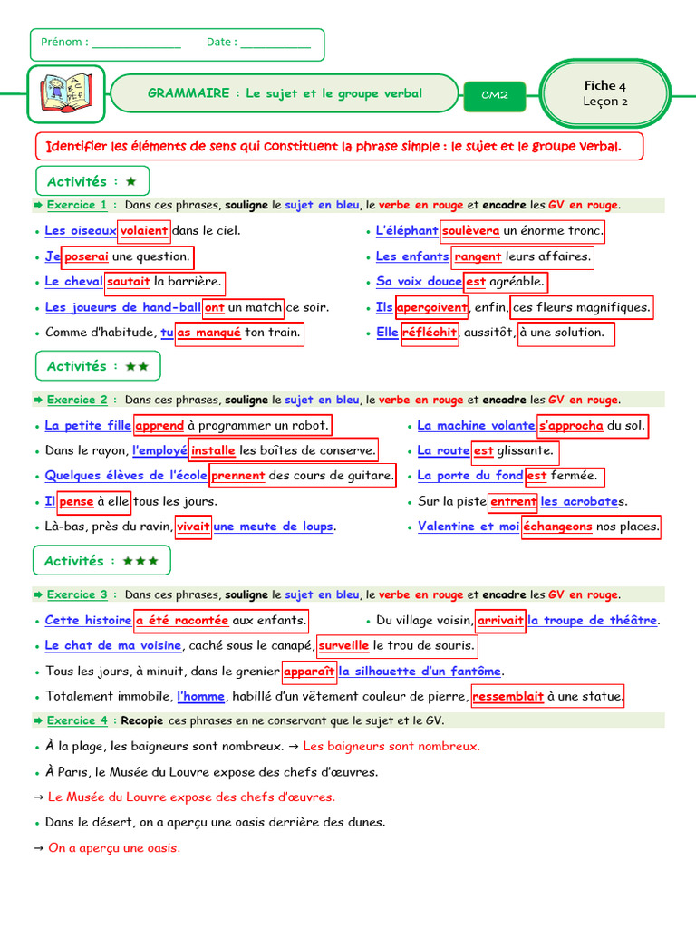 Fiche 4 Le Sujet Et Le Groupe Verbal Correction | PDF