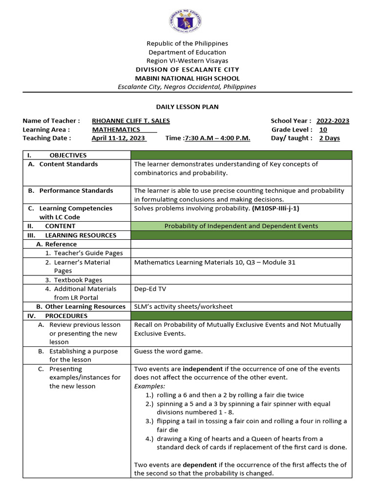 Daily Lesson Plan (Sample) | PDF | Learning | Probability