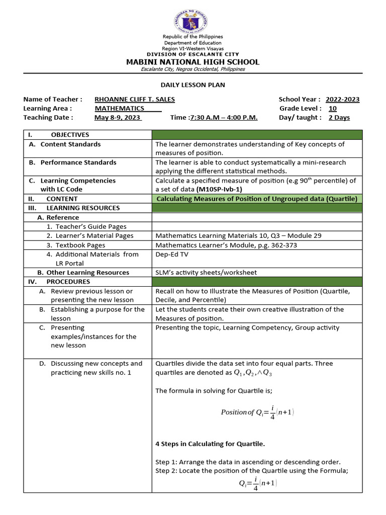 Daily Lesson Plan (Sample) | PDF | Quartile | Learning