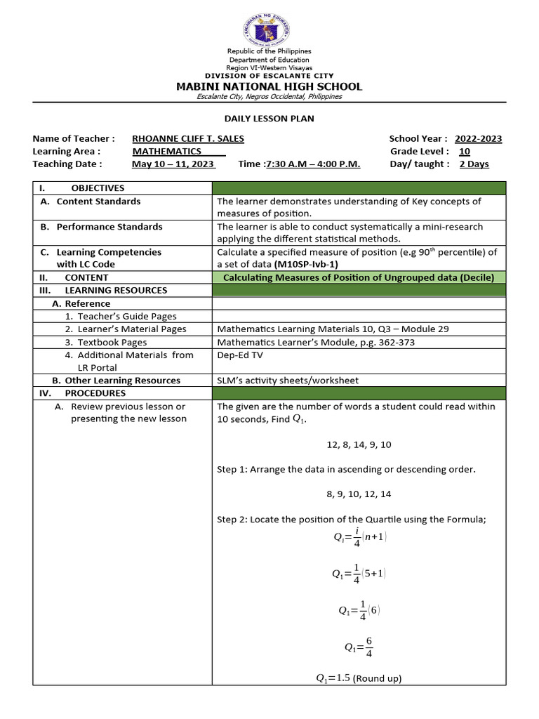 Daily Lesson Plan (Sample) | PDF | Percentile | Learning