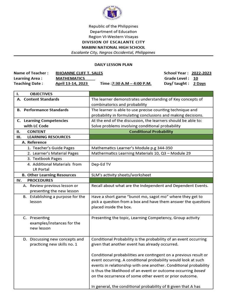 Daily Lesson Plan (Sample) | PDF | Learning | Probability