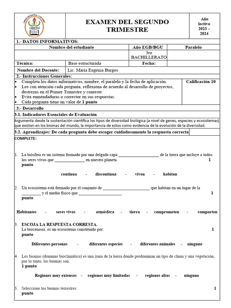 Examen Del Segundo Trimestre 3ro Solo | PDF