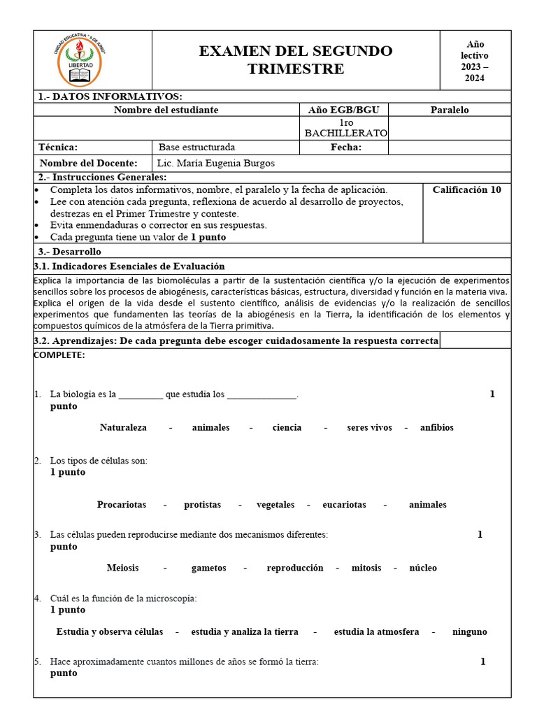 Examen Del Segundo Trimestre 1ro Solo | PDF | Biología Celular) | Abiogénesis