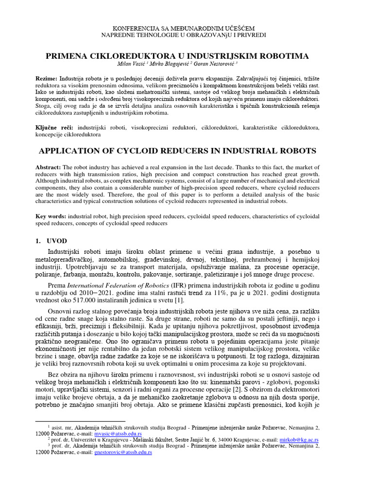 Primena Cikloreduktora U Industrijskim Robotima | PDF
