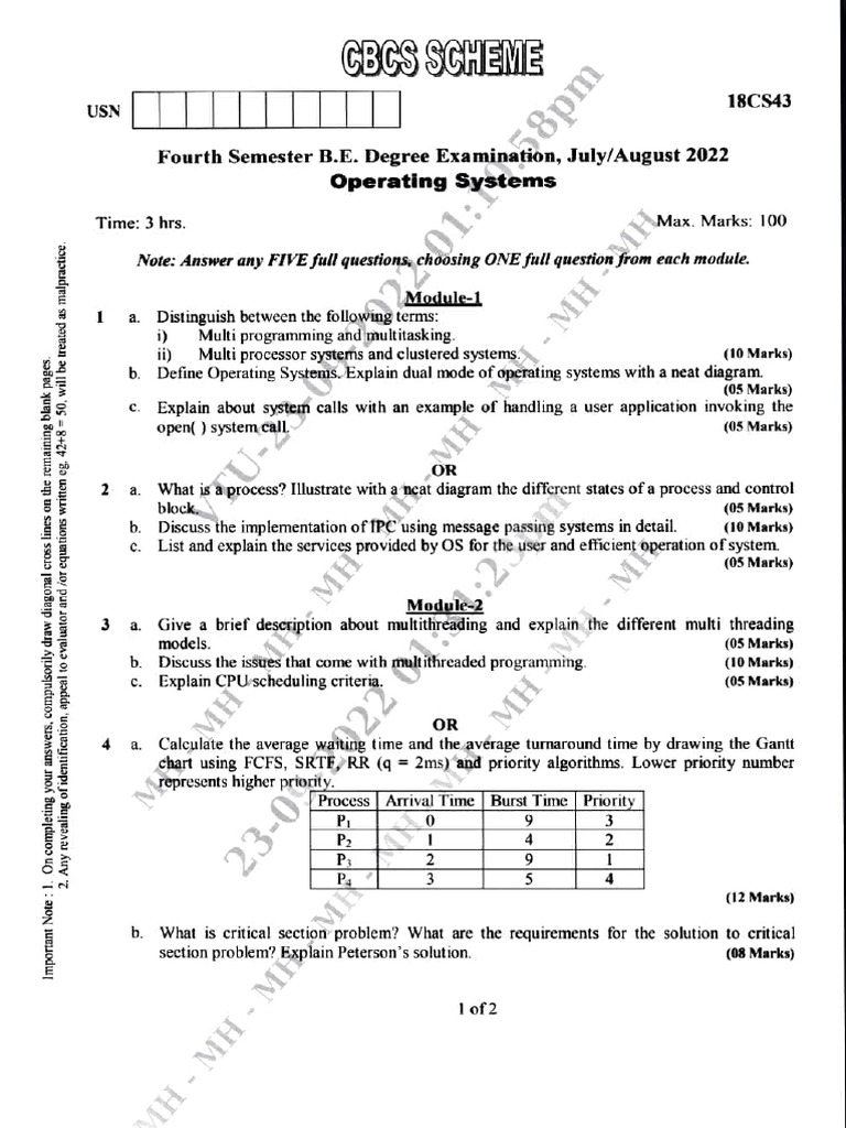 OS Previous Year | PDF | Scheduling (Computing) | Thread (Computing)