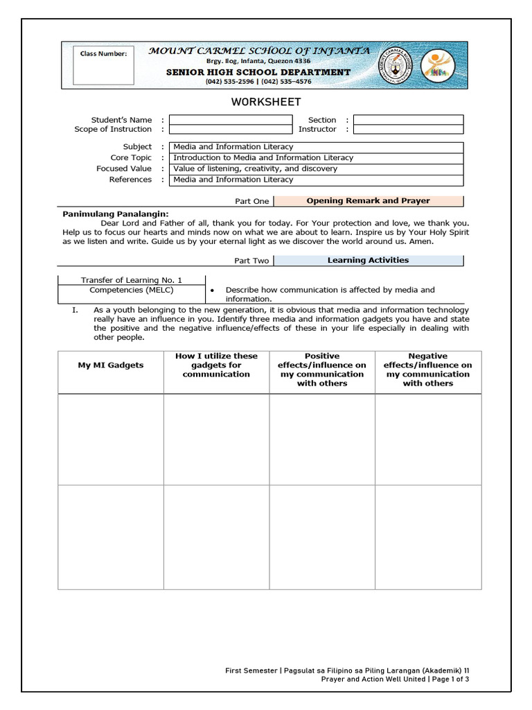 SHS Worksheet Template MIL | PDF