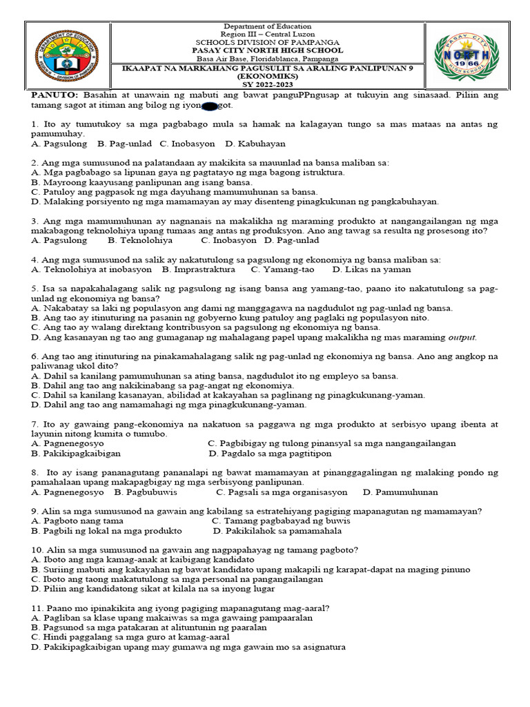 4TH Periodical Test Apan 9 | PDF