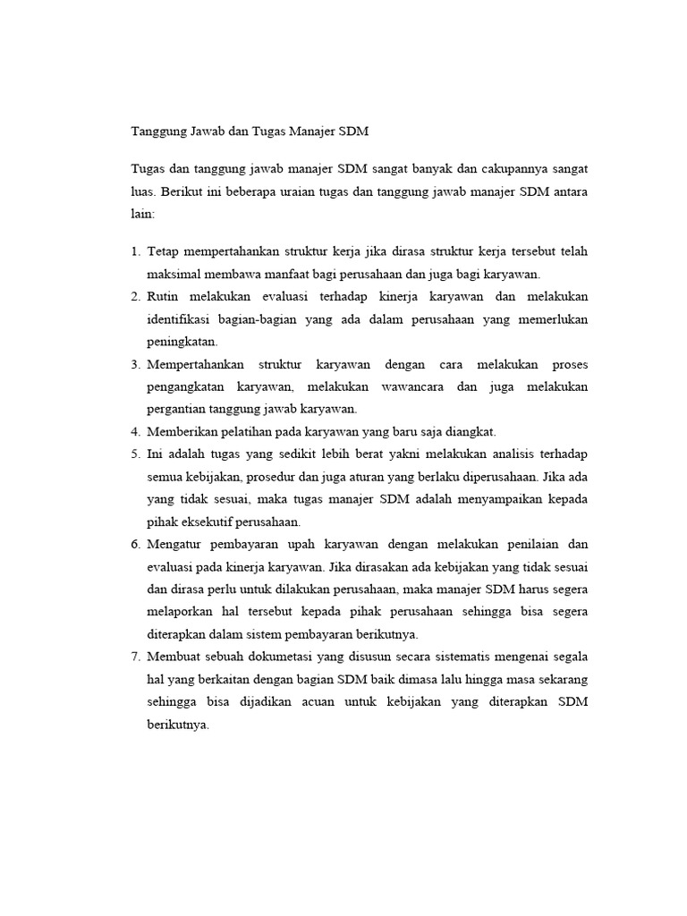 Tanggung Jawab Dan Tugas Manajer SDM | PDF