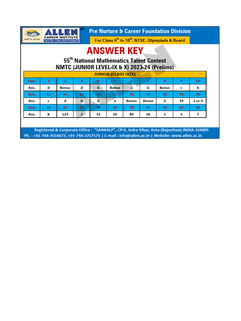NMTC Junior Class 9 10 Answerkey | PDF