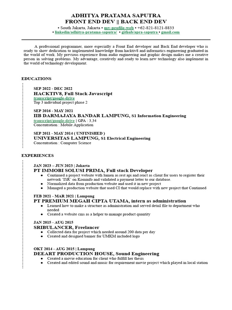 Full Stack Developer Profile: Adhitya Saputra | PDF