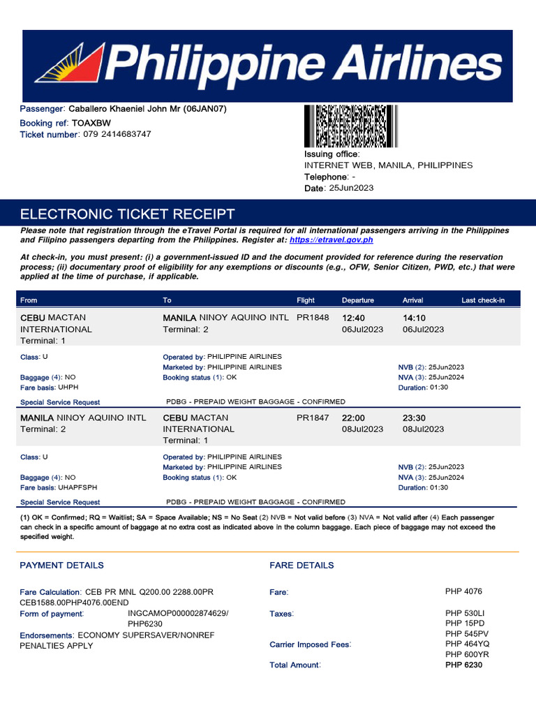 Electronic Ticket Receipt 06JUL For KHAENIEL JOHN CABALLERO | PDF