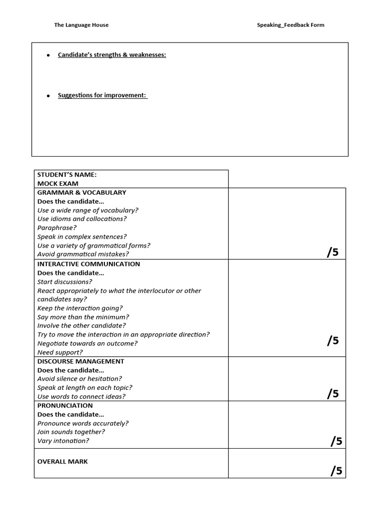 SPEAKING - Mark Sheets - Templates | PDF