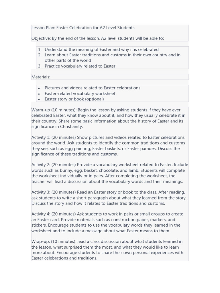 Easter Celebration Lesson Plan for A2 Students | PDF