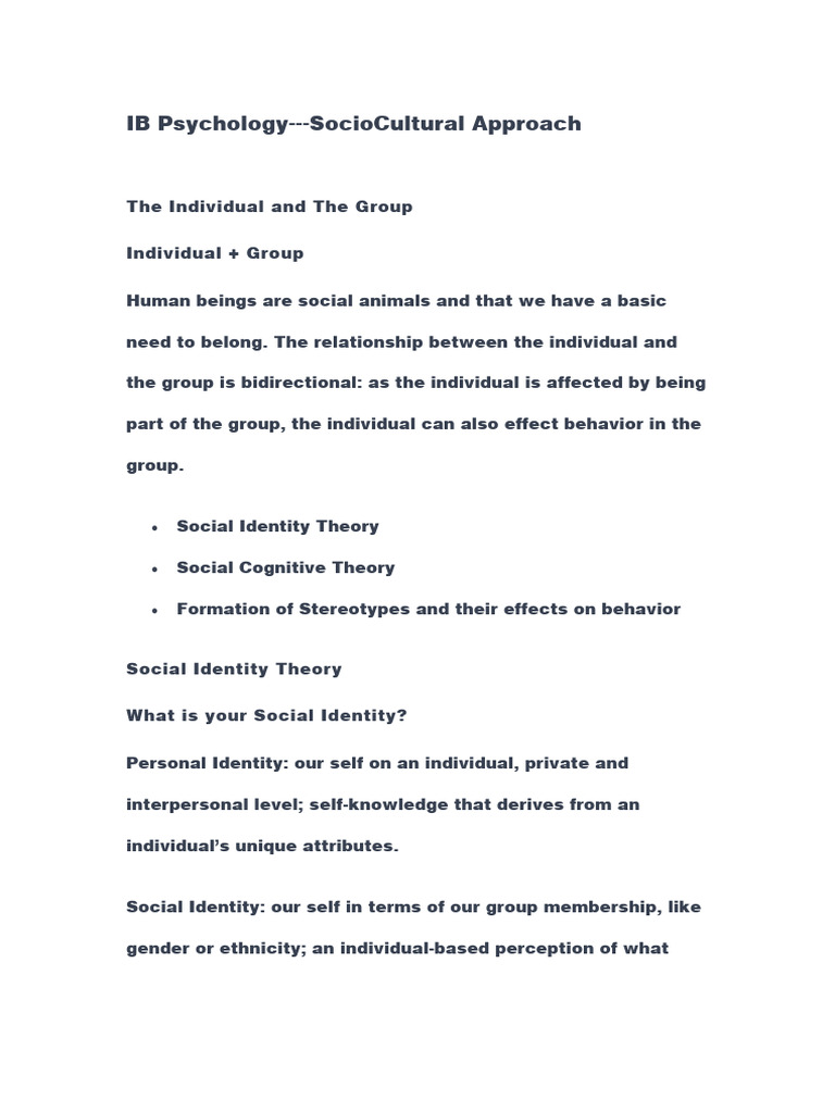 IB Psychology - SocioCultural Approach | PDF