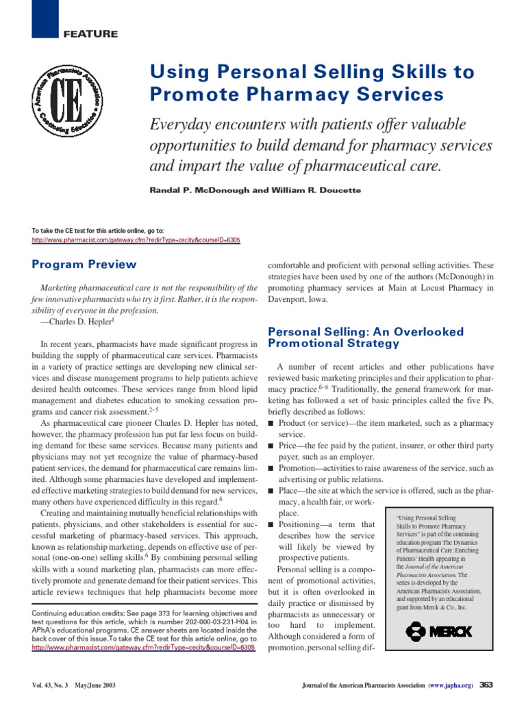 Using Personal Selling Skills To Promote Pharmacy Services | PDF ...
