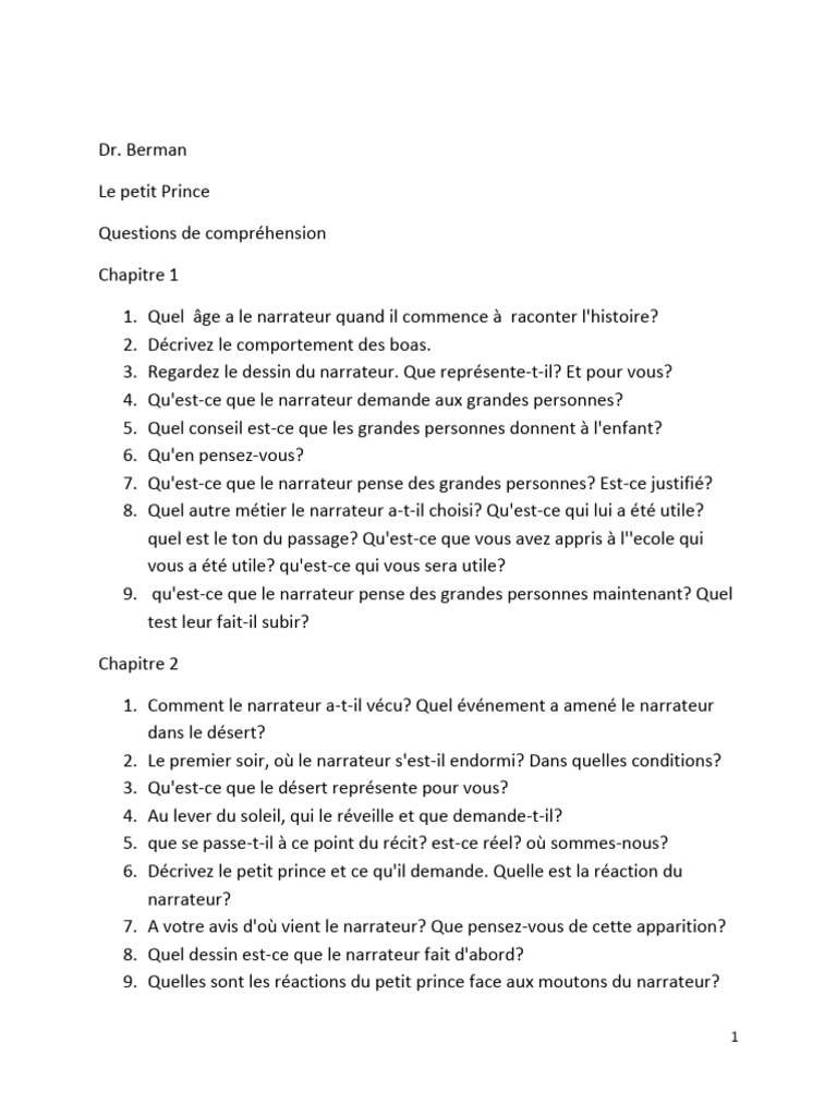 Questions Petit Prince Ch1 Ch27 | PDF