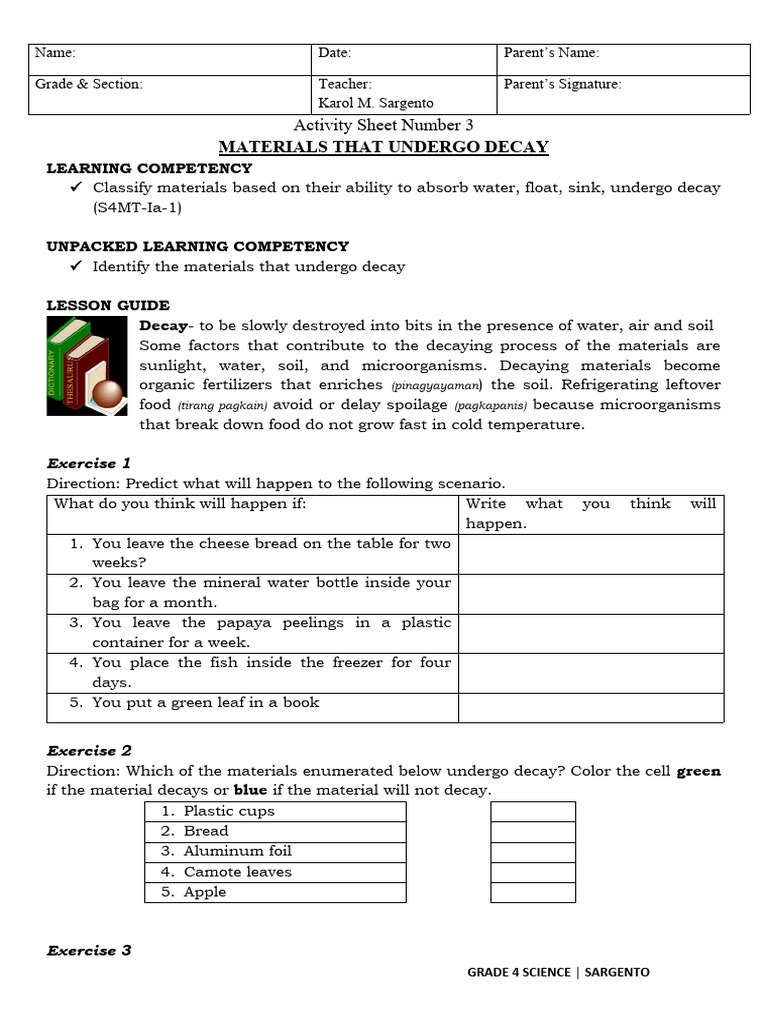 Decaying Materials Activity Sheet | PDF | Decomposition | Soil