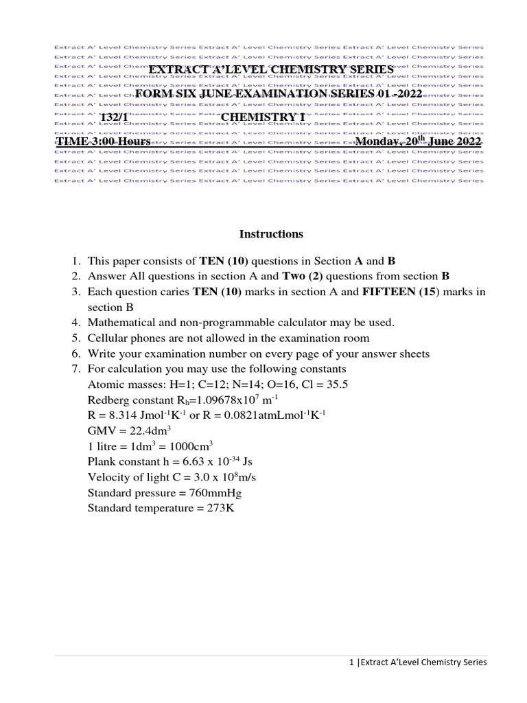 A'Level Chemistry Exam Paper 2022 | PDF