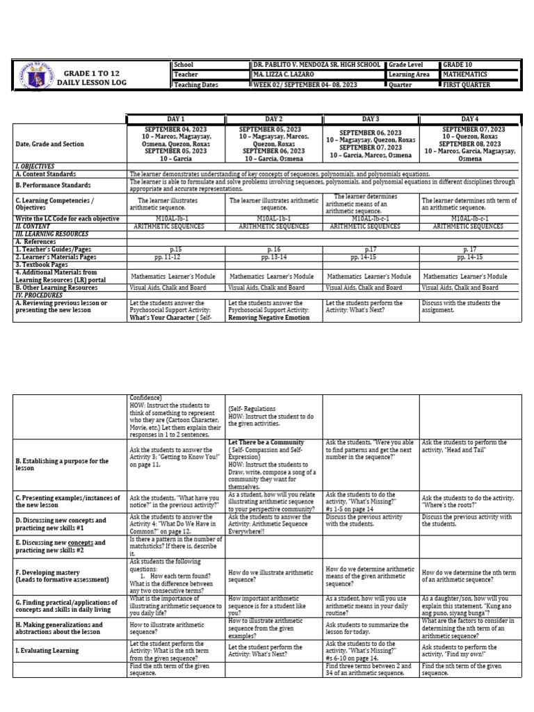 DLL Math 10 q1 Week 2 | PDF | Learning | Mathematics