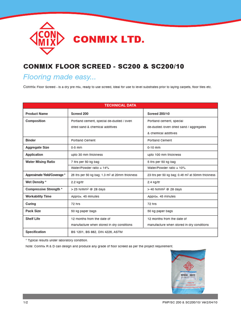 Conmix Floor Screed - SC200 | Download Free PDF | Concrete | Water