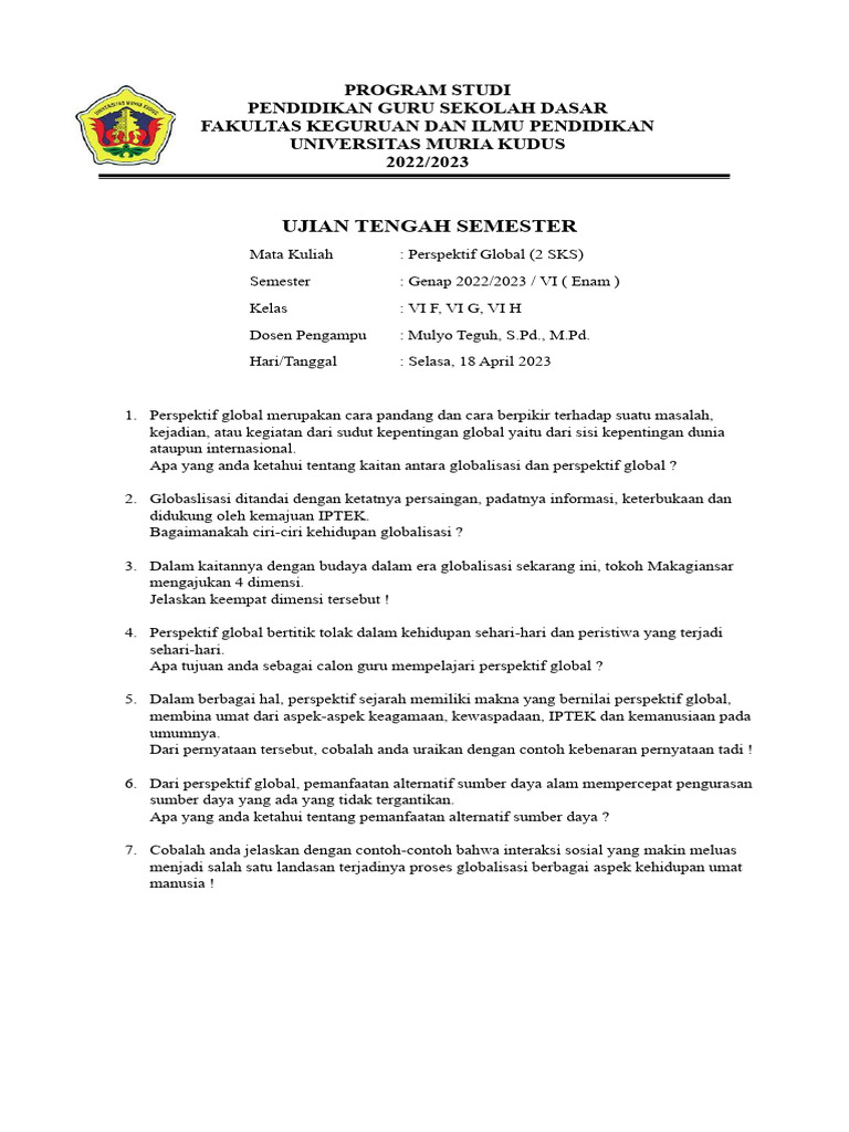 Soal Uts Perspektif Global Genap 2022-2023 | PDF
