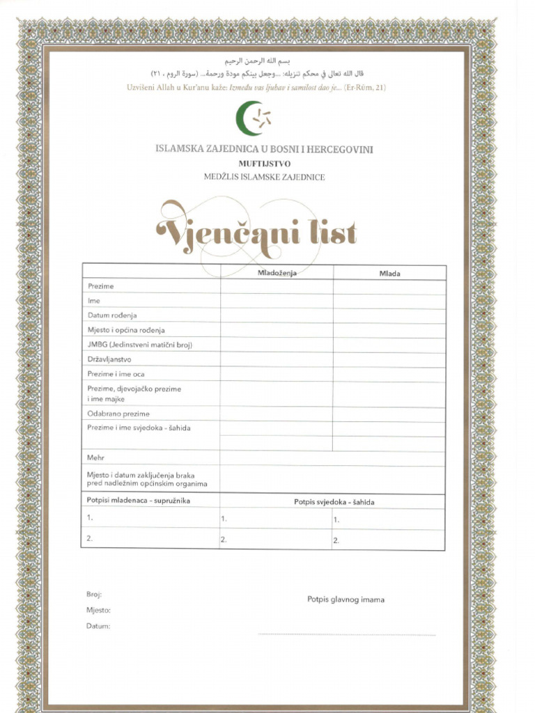 Vjencani List Serijatskog Vjencanja-Okvir I Obrazac | PDF