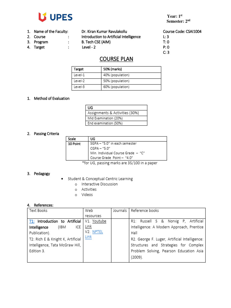 CSAI1002 - Course Plan - PDF - 35308 - 1 - 1578762041000 | PDF | Artificial Intelligence ...
