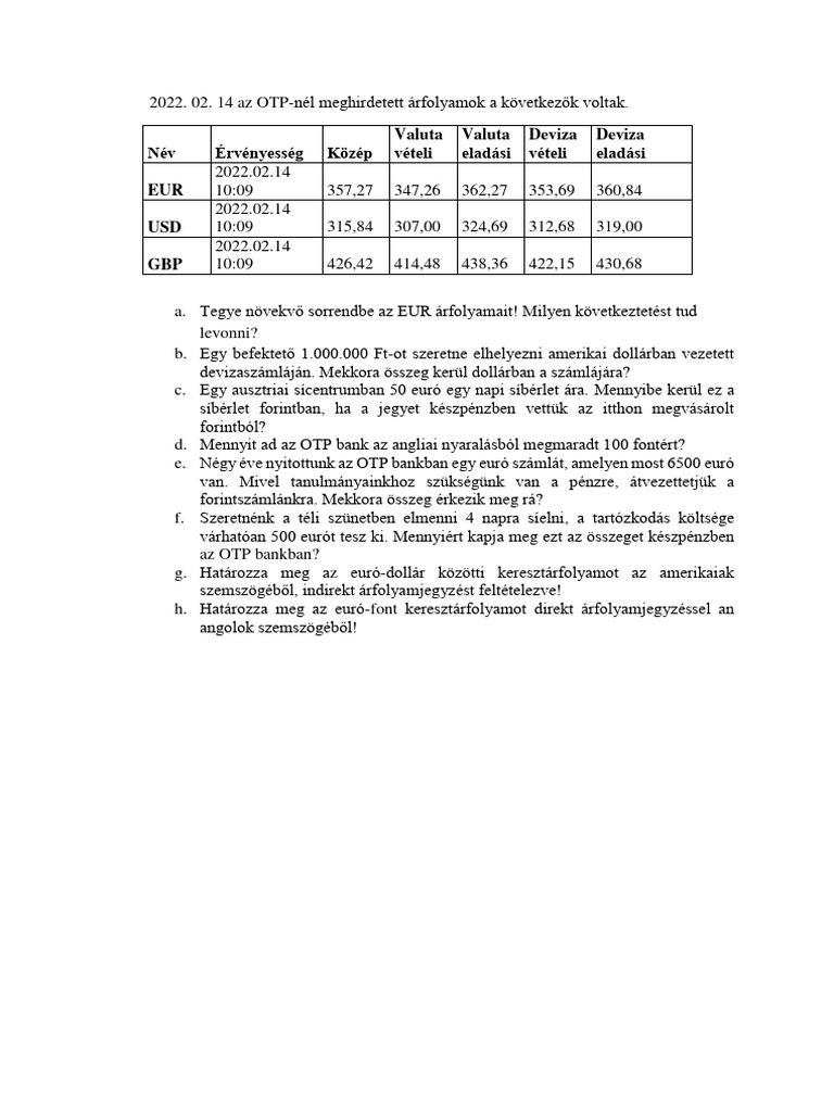 Előadás - Valuta - Deviza - Árfolyam Feladatok-2 | PDF