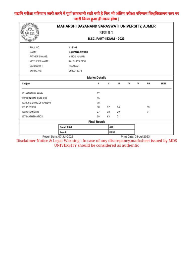 Maharshi Dayanand Saraswati University, Ajmer Admit Card | PDF