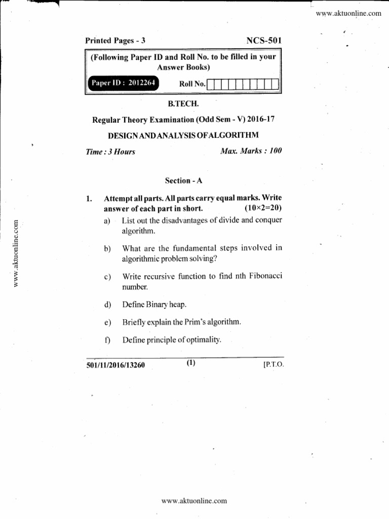Btech Cs 5 Sem Design And Analysis Of Algorithm Ncs 501 2017 Pdf Computational Complexity