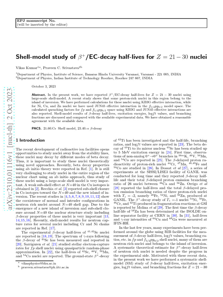 Shell-model study of β /EC-decay half-lives for Z = 21 − 30 nuclei | PDF
