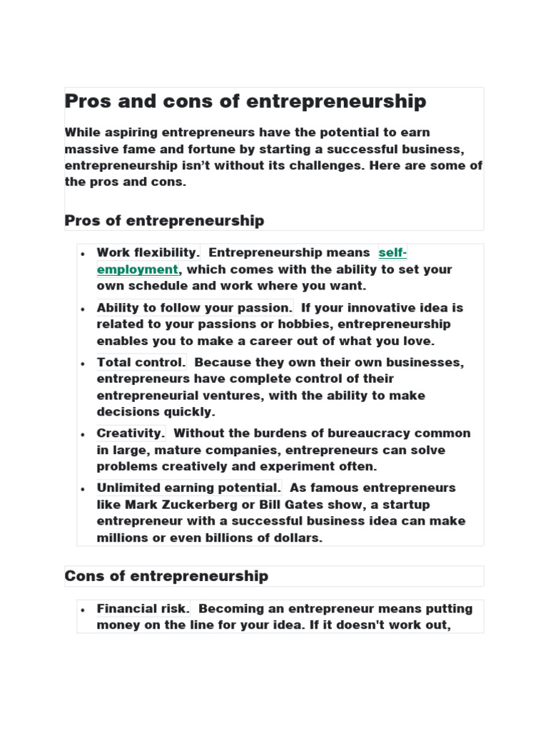 Pros and cons of entrepreneurship | PDF