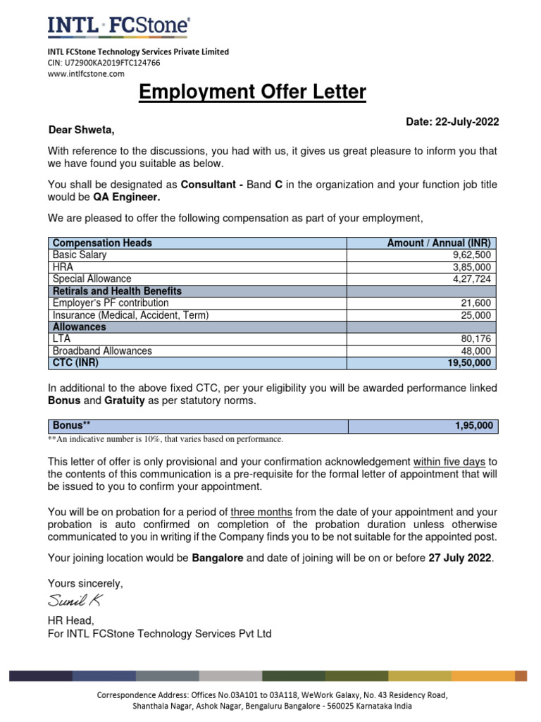 Employment Offer for QA Engineer | PDF | Service Industries | Public ...
