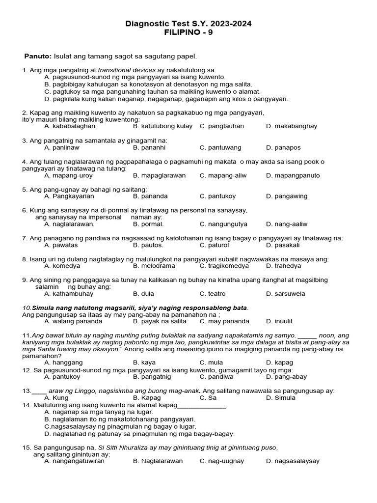 Diagnostic Test for Filipino 9 Students | PDF