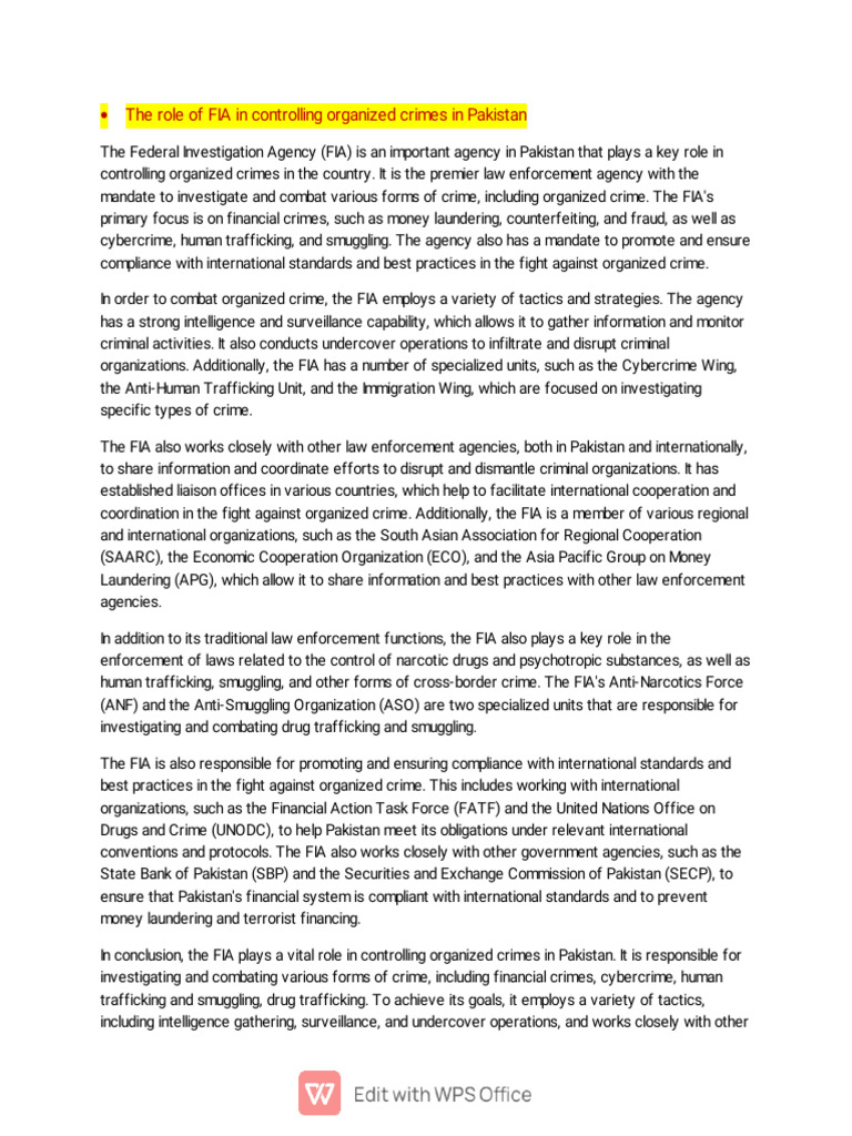 FIA's Role in Combating Organized Crime | PDF