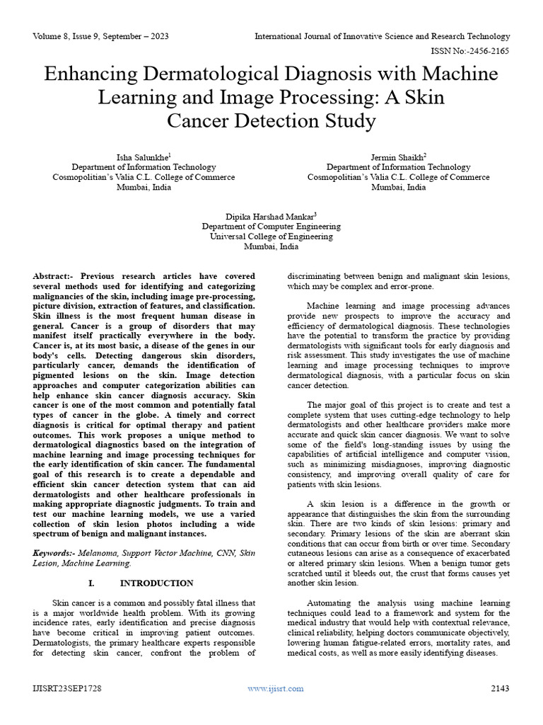 Enhancing Dermatological Diagnosis With Machine Learning and Image Processing: A Skin Cancer ...