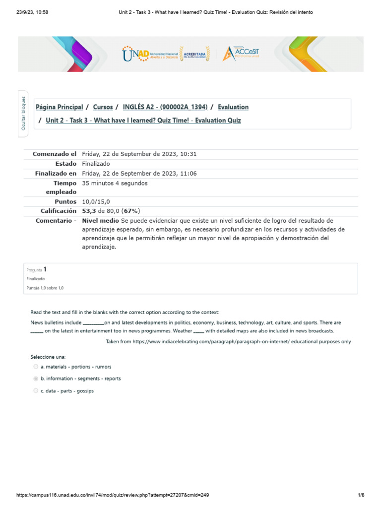 Unit 2 - Task 3 - What Have I Learned - Quiz Time! - Evaluation Quiz - Revisión Del Intento | PDF