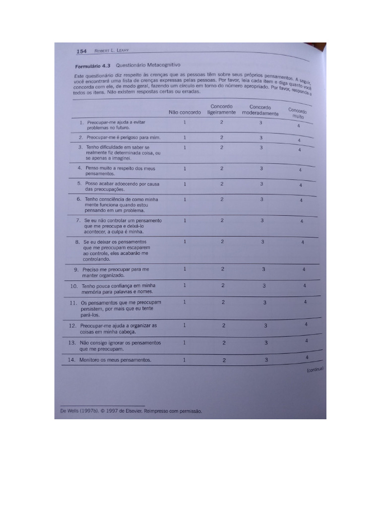 Questionário Metacognitivo - Robert Leahy | PDF